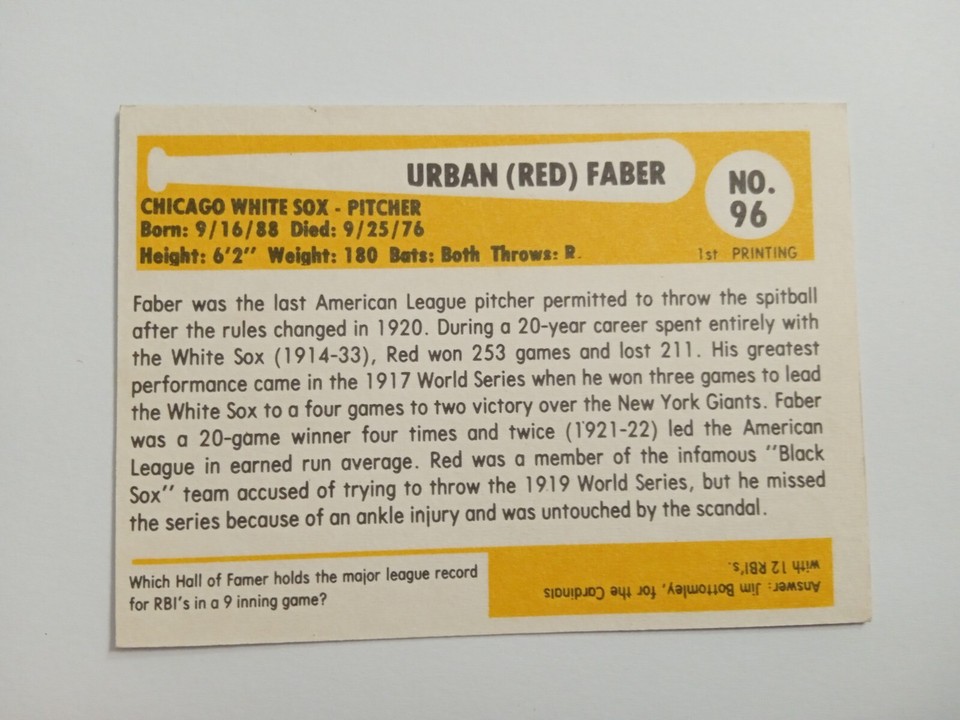 1980 TOPPS BASEBALL IMMORTALS RED FABER #96 1St PRINTING NEW MINT | eBay