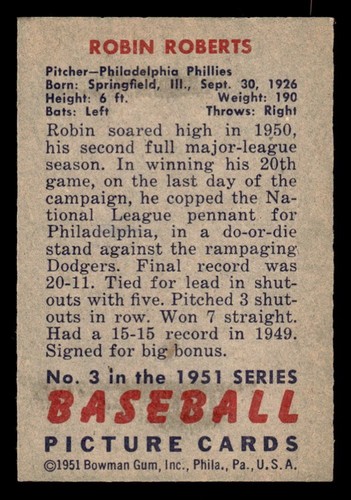 1951 Bowman Baseball #3 Robin Roberts VG/EX *k1 | eBay