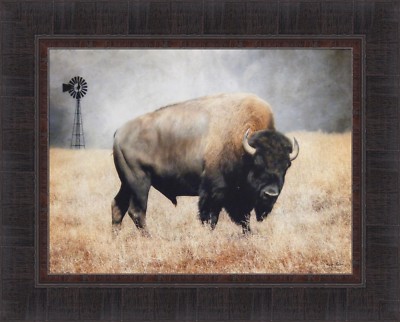 THE BISON Lori Deiter 17x21 Buffalo Windmill Plains Field Bull FRAMED ...