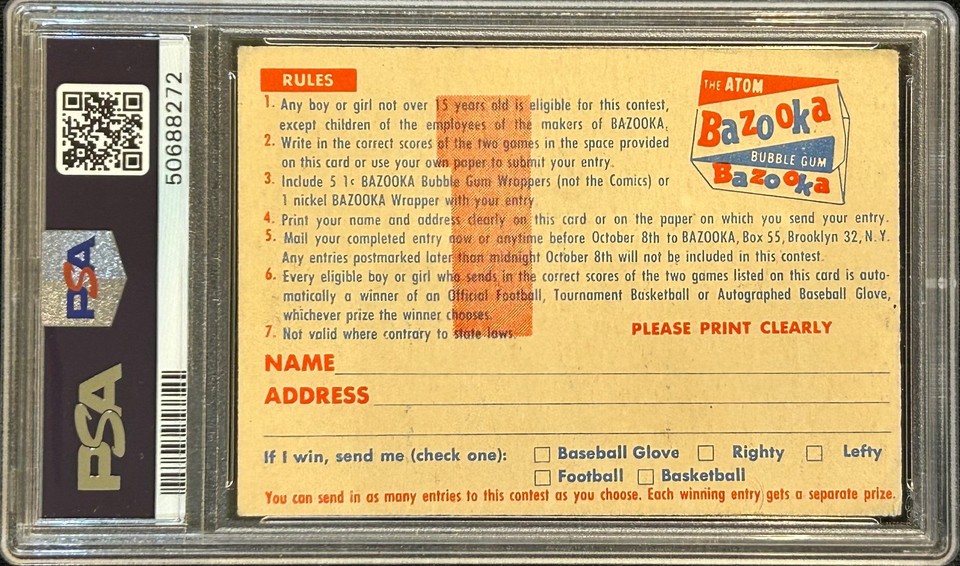 1956 Topps Football Contest Card "1" Oct 14. Colts-Packers/Cards-Rdskns ...