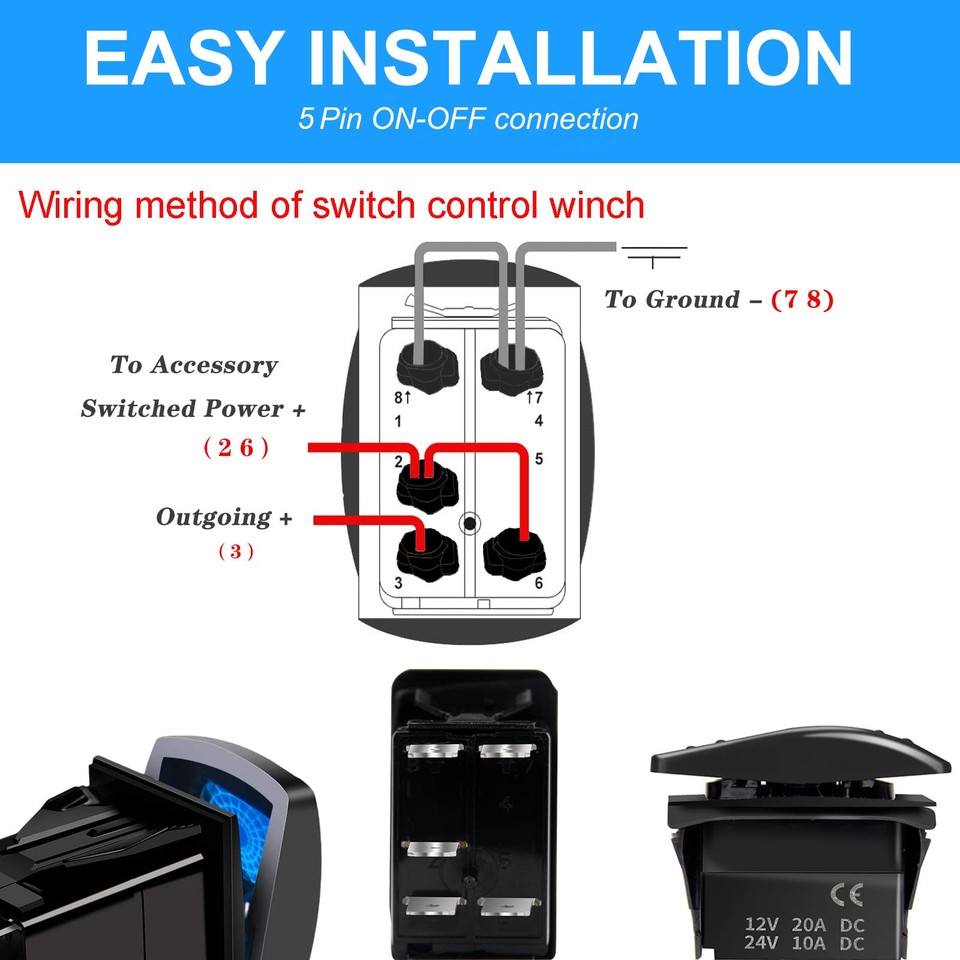 Toggle Switch 12V/ 20A 10A/ 24V Rocker Switch for Marine Boat Car 5 Pin ...