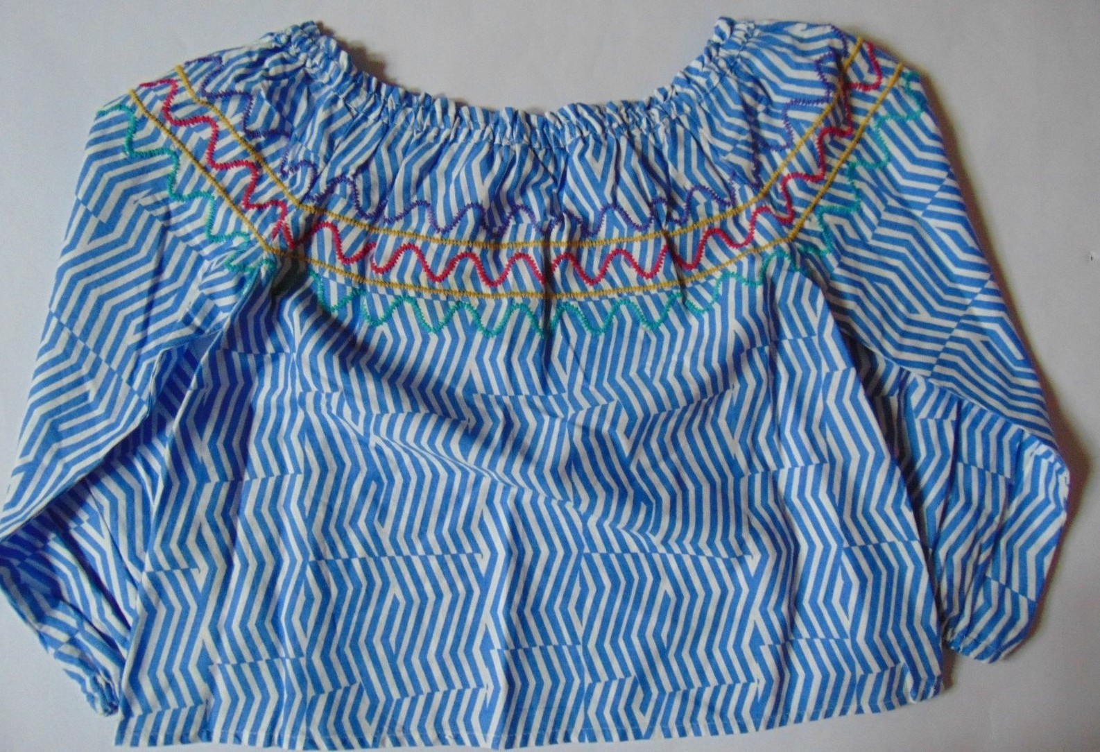 Girls Blue Mix Cotton Long Sleeve Top w/Embroidered Trim Age 6-7, 7-8 ...