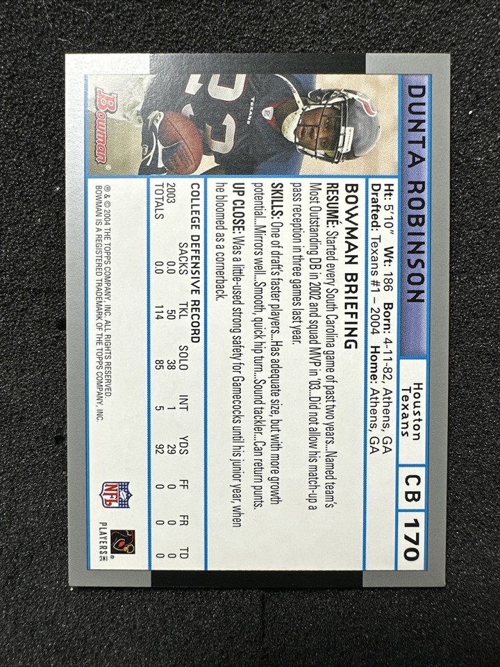 2004 Bowman Football DUNTA ROBINSON #170 RC Rookie Card Houston Texans ...