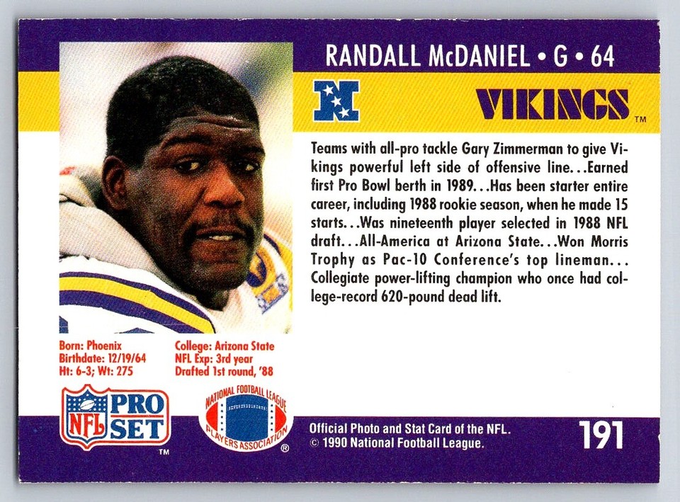 # 191 Randall McDaniel Minnesota Vikings 1990 Pro Set | eBay
