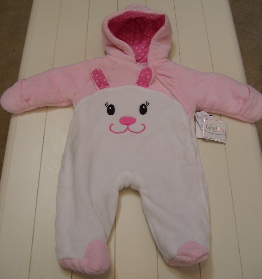 Girls Quiltex White Pink Snow Bunny Rabbit Snowsuit Pram Bunting Sz 3 ...