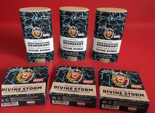 3pk Dr Squatch New Divine Storm Deodorant Sticcs & 3 soap Marvel Thor ...