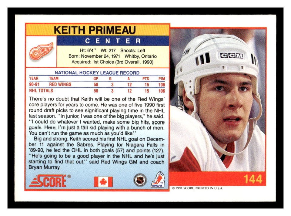1991 Score Canadian English #144 Keith Primeau - Detroit Red Wings | eBay