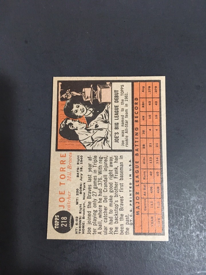 1962 TOPPS JOE TORRE, #218, NM, ROOKIE CARD (Free Shipping on Any 3 ...