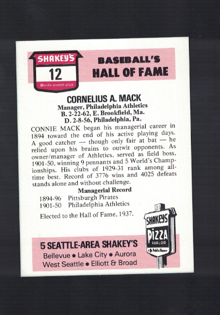 Connie Mack Philadelphia Athletics 1976 Shakey's Pizza Baseball Card ...