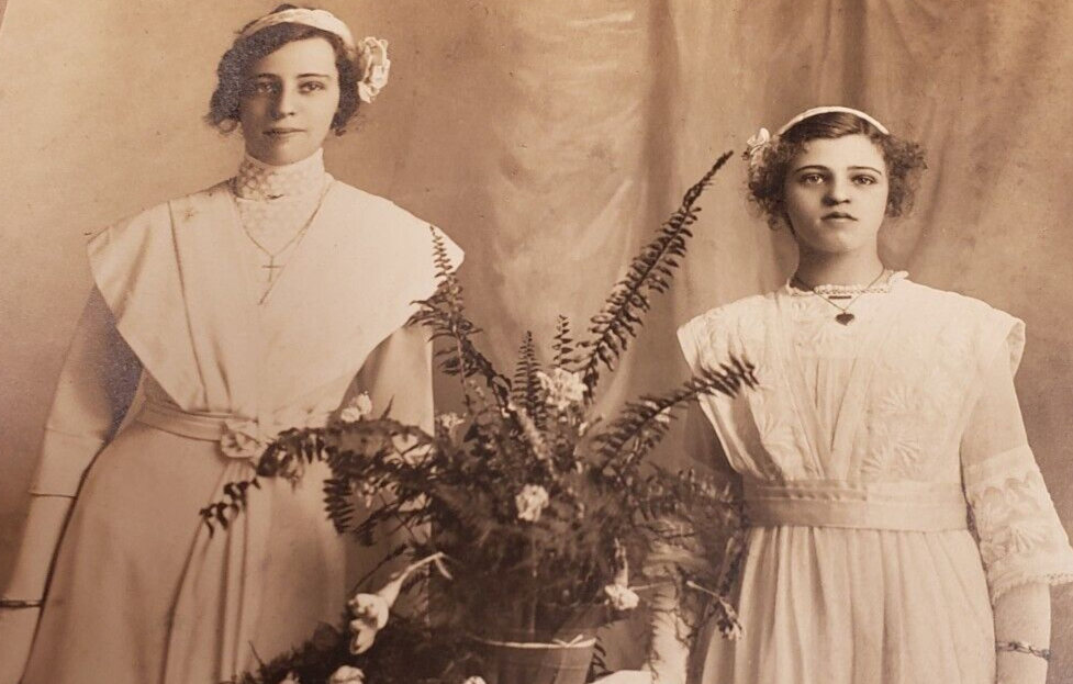 Early 1900s Girls Graduation Antique Photo Diplomas Flowers Spindle Leg ...