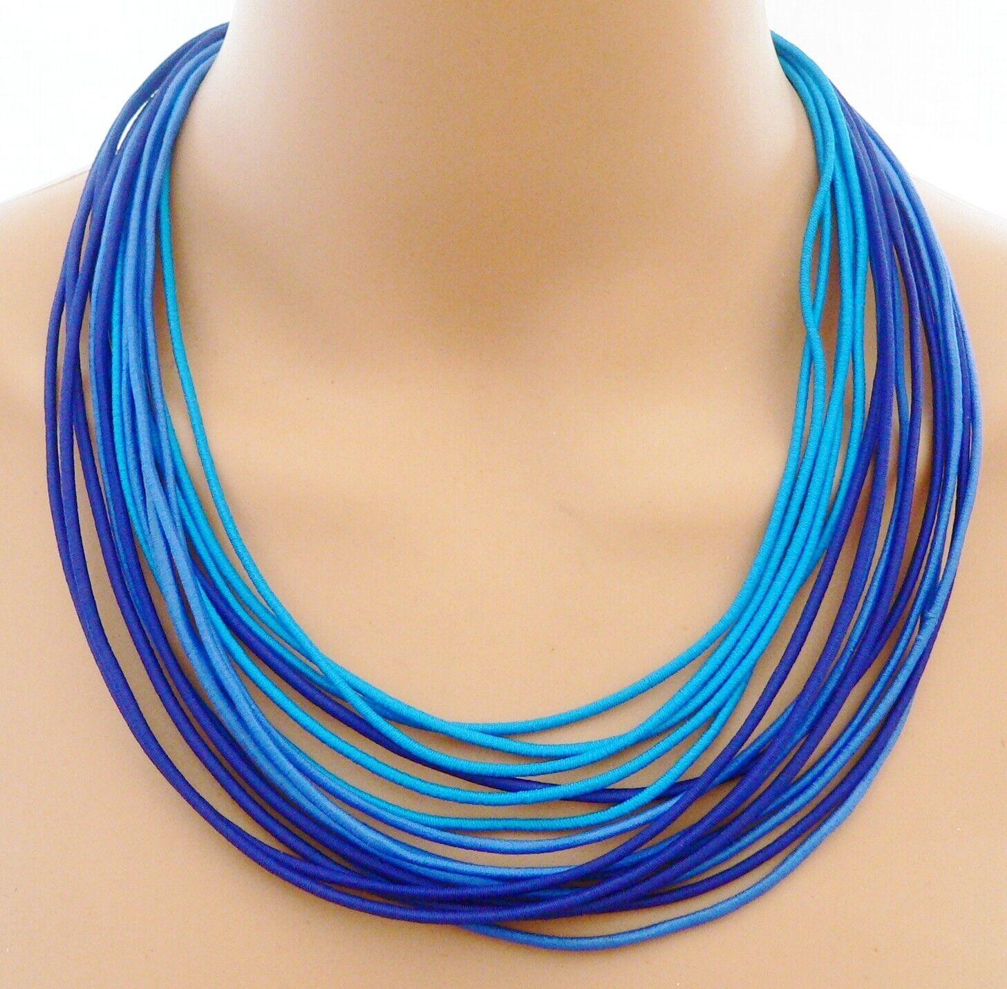 Kette Halskette Collier Statement Textil mehrreihig blau hellblau ...