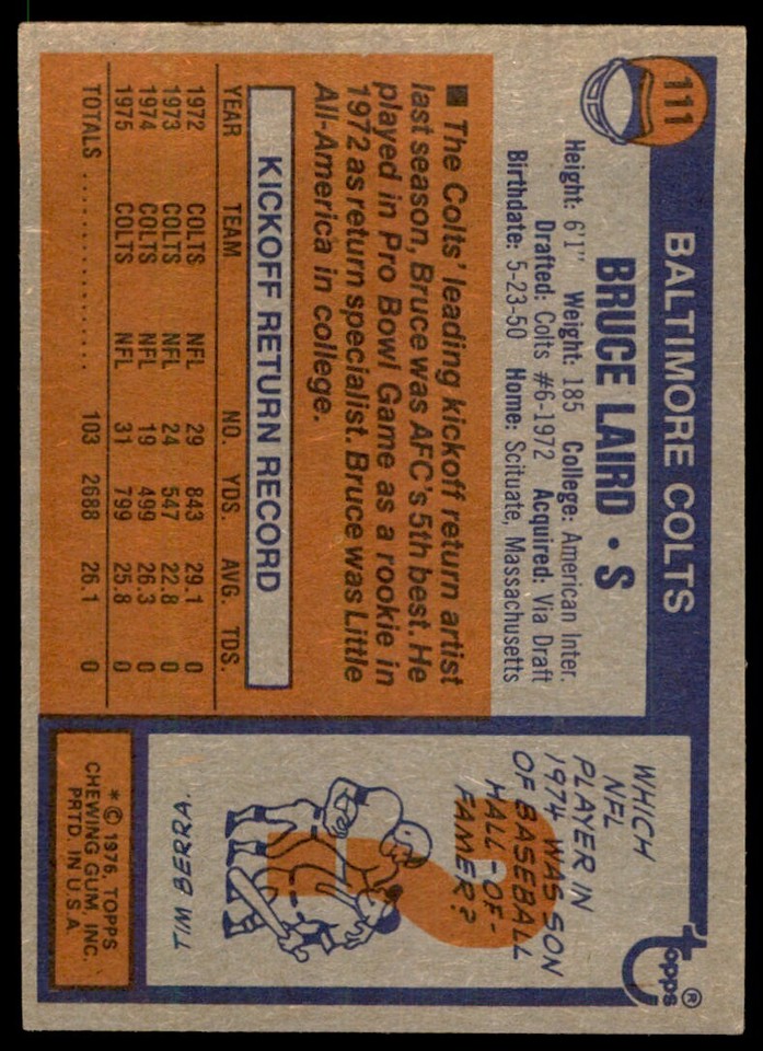 1976 TOPPS BRUCE LAIRD . BALTIMORE COLTS #111 | eBay