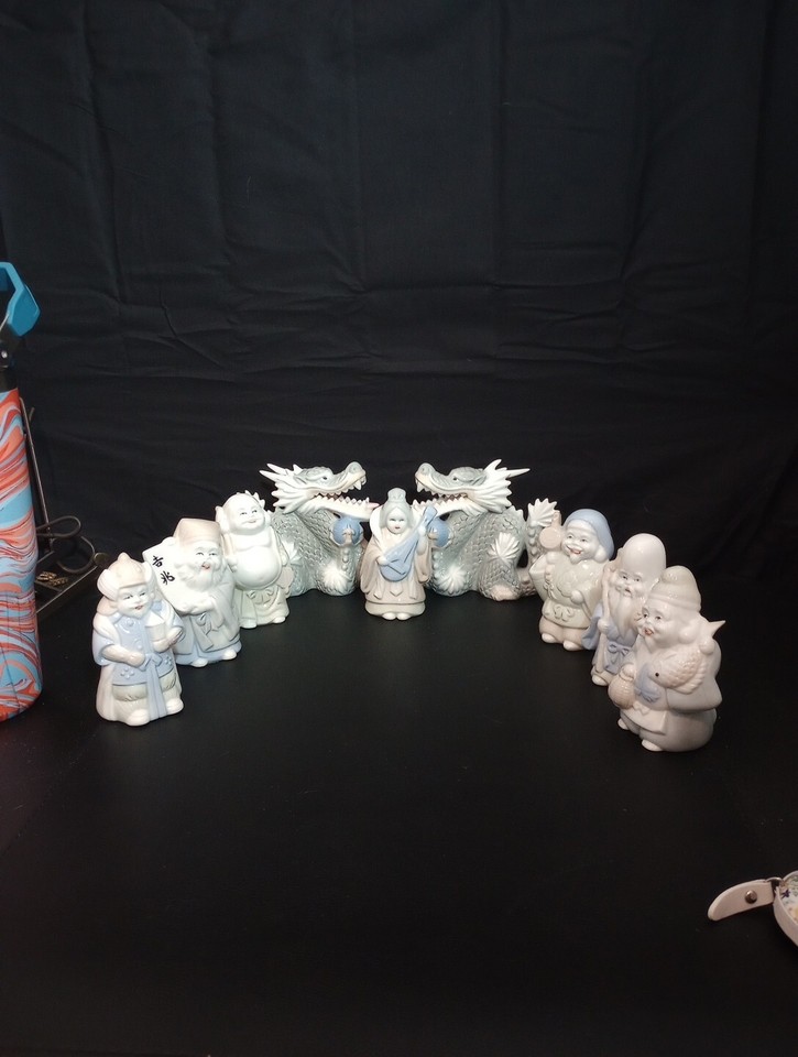 Pair of Yashimi K Porcelain Light Blue Dragon & 7 Lucky Gods Figurines ...