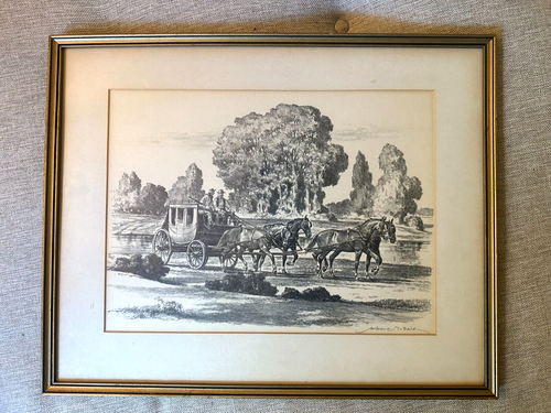 Original signed lithograph by Albert T. Reid "Old Stage Coach and Four ...