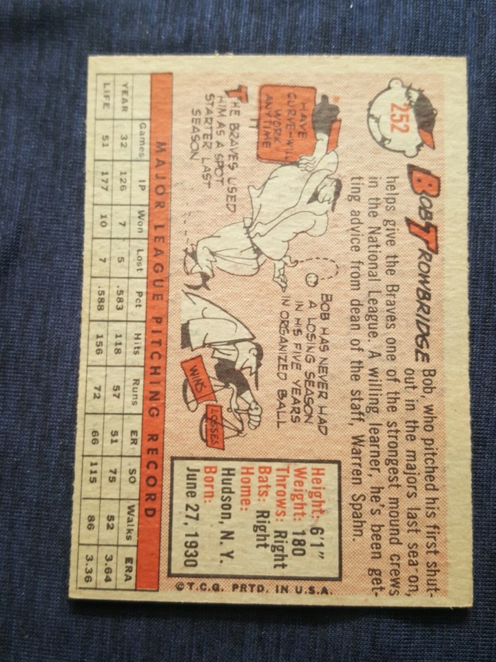 1958 TOPPS #252 BOB TROWBRIDGE RC EXMT Milwaukee Braves | eBay