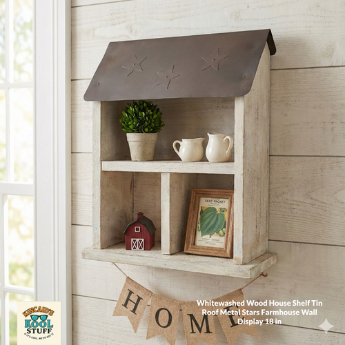Whitewashed Wood House Shelf Tin Roof Metal Stars Farmhouse Wall ...