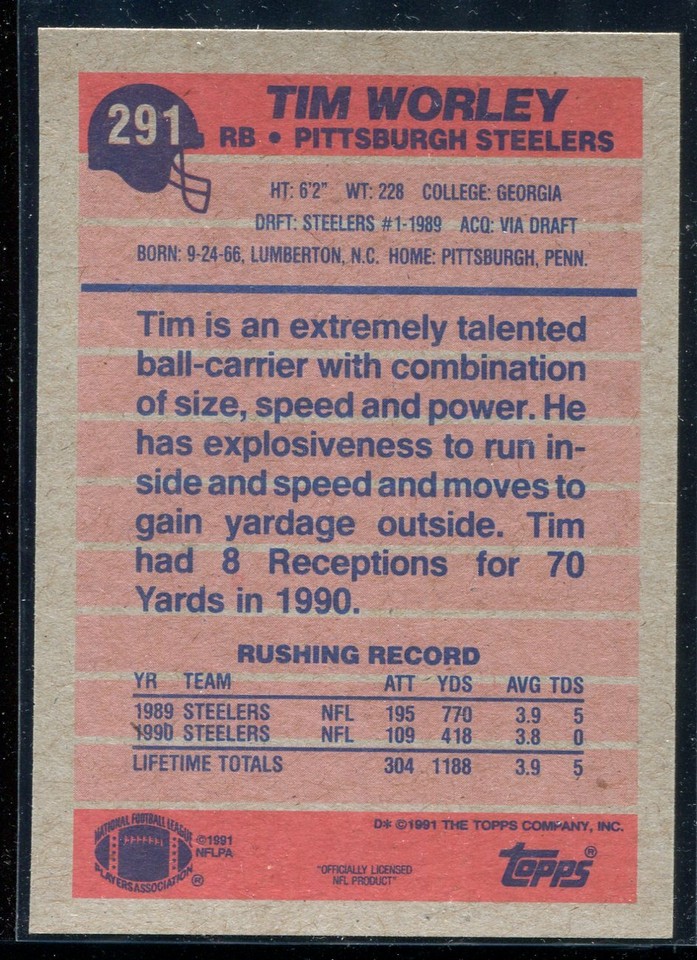 1991 Topps Football Tim Worley #291 Pittsburgh Steelers | eBay