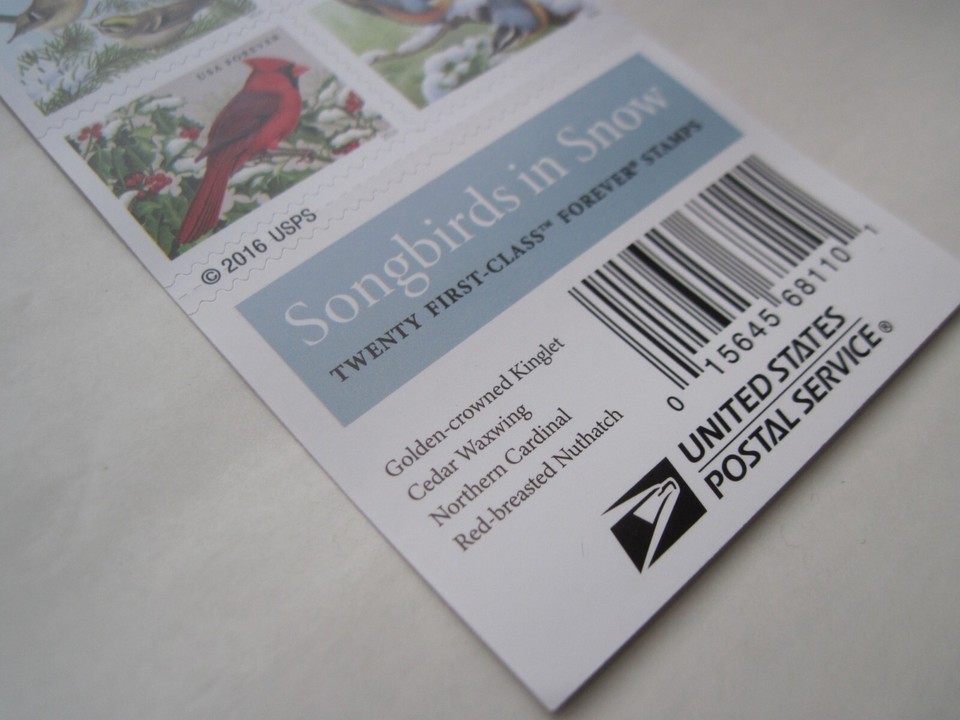 Full Page Pane Book 20 USPS Forever USA Stamps Songbirds Snow Unused ...