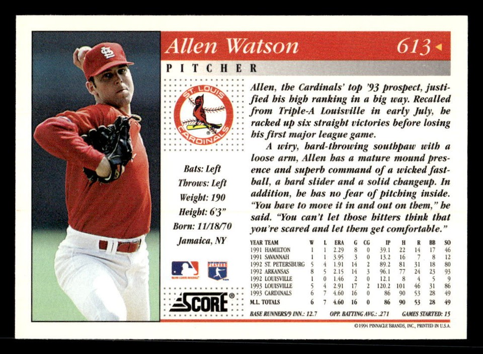 Allen Watson 1994 Score #613 St. Louis Cardinals | eBay
