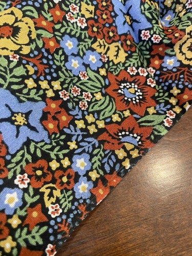 Vintage 70s Cotton Calico Fabric Yellow Blue Green Florals on BLACK 45 ...