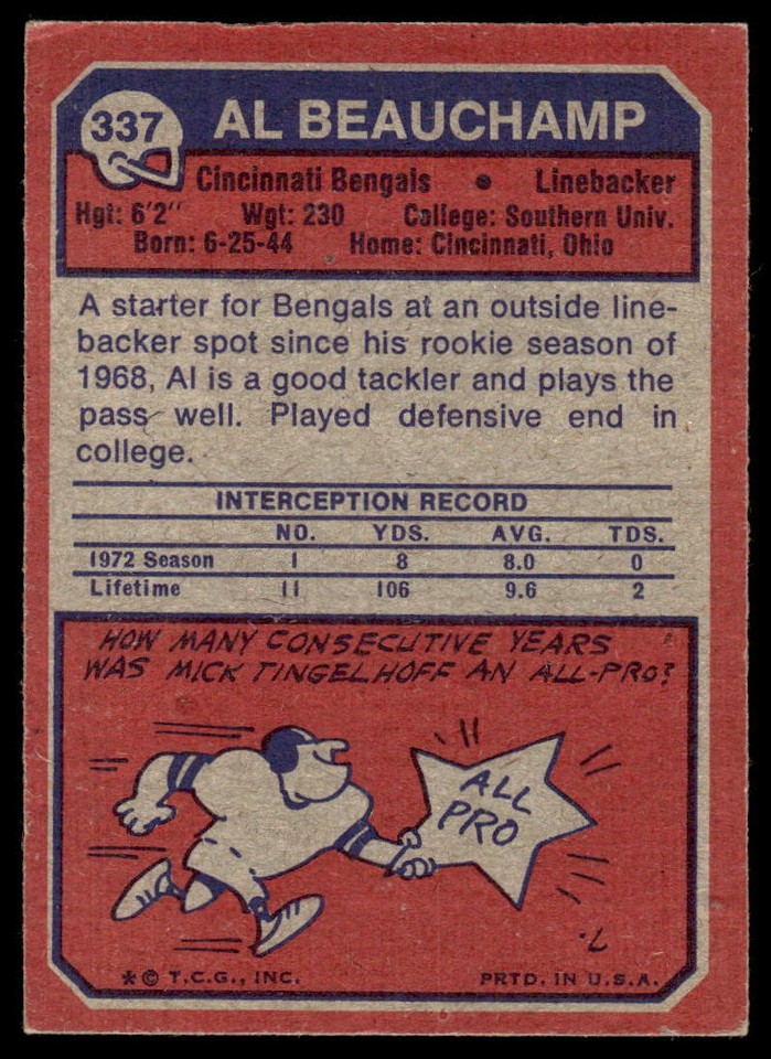 1973 Topps Al Beauchamp #337 Cincinnati Bengals Football Card | eBay