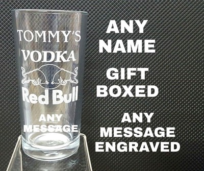 PERSONALISED ENGRAVED VODKA RED BULL GLASS NAME /MESSAGE GIFT BOXED ...
