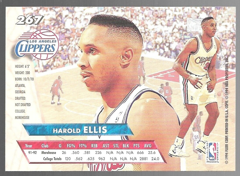 1993 1994 Fleer Ultra Harold Ellis Rookie Free Agent 267 Los Angeles ...