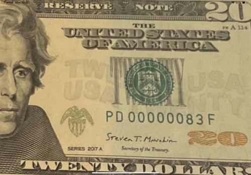 2017 A $20 LOW 2 DIGIT SERIAL NUMBER (( 000000 83 )) US paper money ...