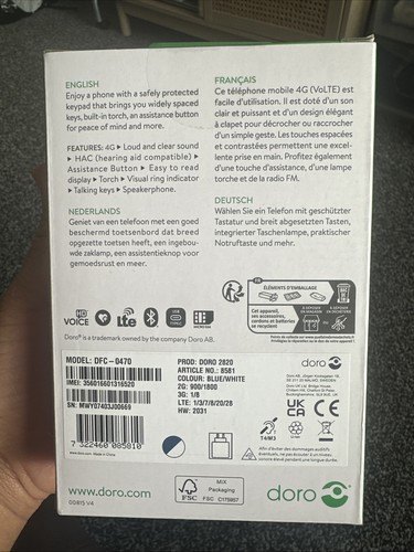 Brand New Doro 2820 4G Unlocked Model DFC-0470 Colour Blue And White ...