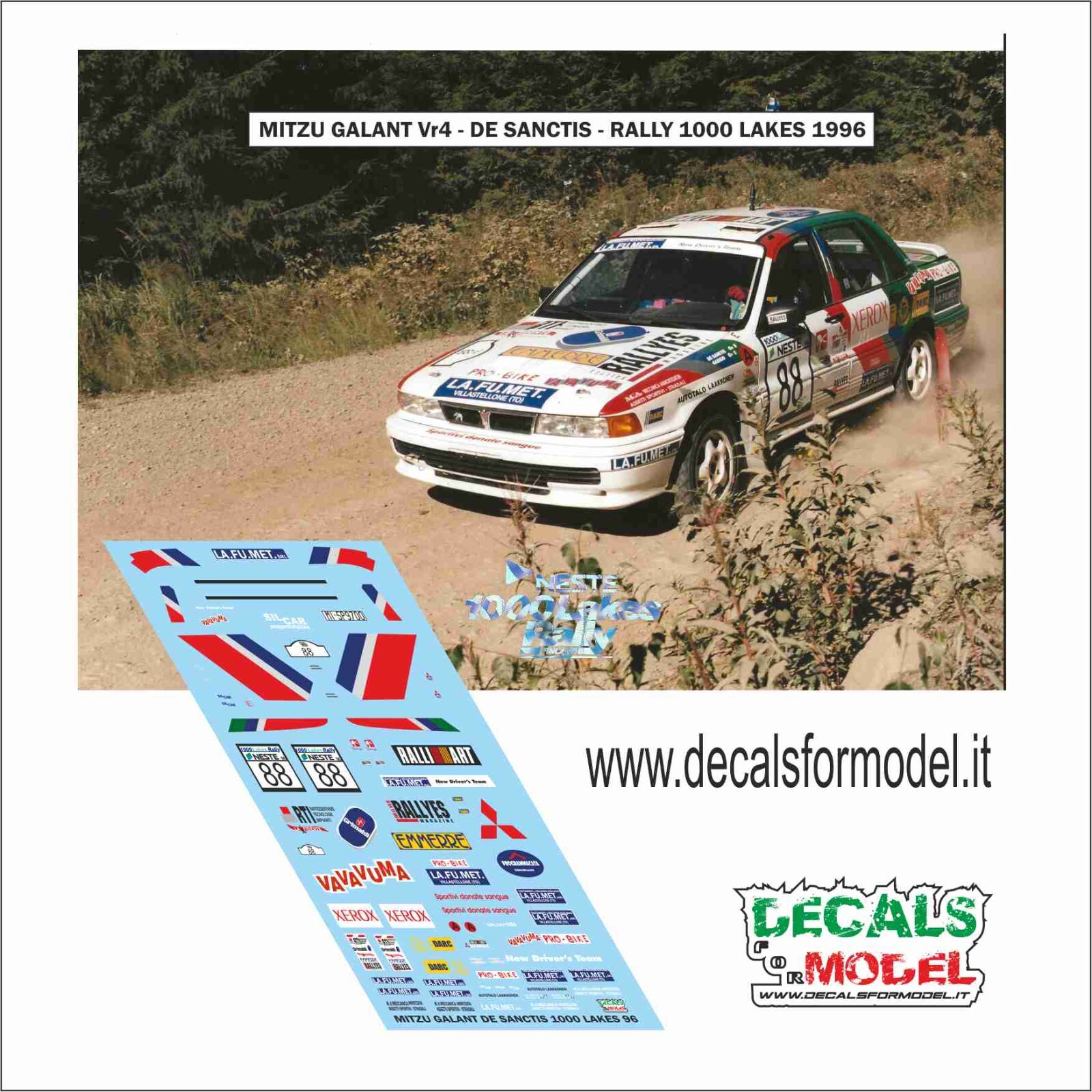 DECALS 1:43 MITSUBISHI GALANT VR4 DE SANCTIS RALLY 1000 LAKES 1996 ...