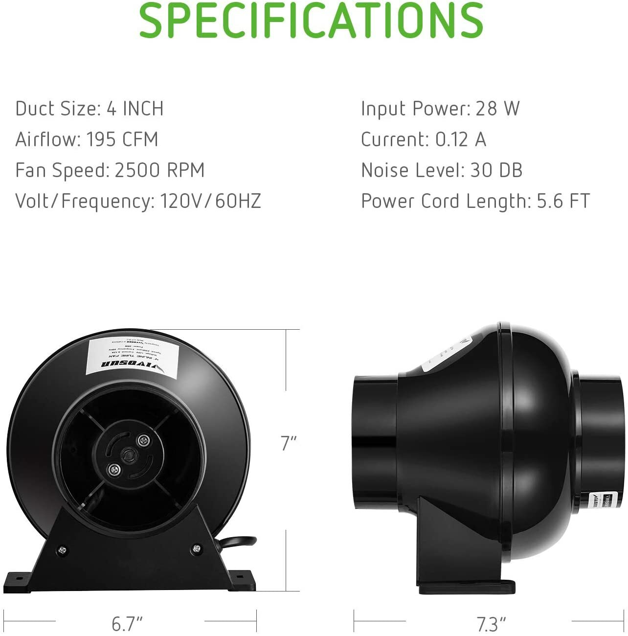 4 Inch 195 CFM Inline Duct Ventilation Fan Vent Blower for Grow Tent ...