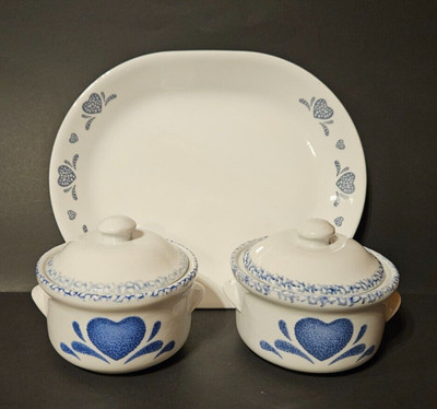 Vintage Blue Sponge Country Heart Covered Soup bowls w/Lid + Platter | eBay