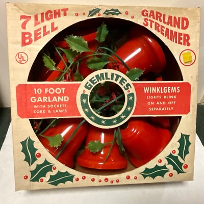 Vintage 10Ft 7 light Christmas Garland Twinkling 7 Red Bells Light ...