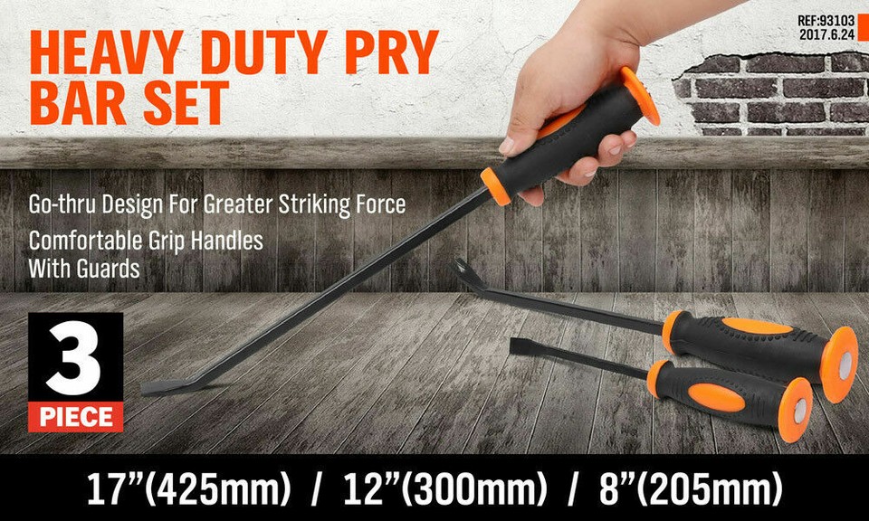 3pc Pry Bar Set Crowbar Strike Cap 8" 12" 17" Carbon Steel Non-slip ...
