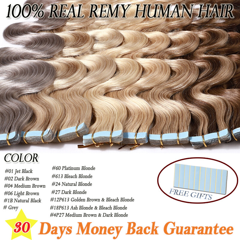 GREY Super Russian Tape In Real Remy Human Hair Extensions Wavy Skin ...