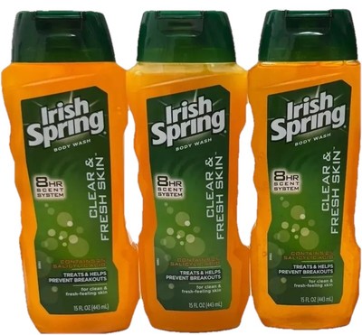 3 irish spring 8hr scent clear & fresh skin body wash 15oz ea prevents ...
