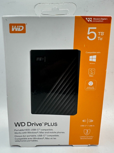 WD DRIVE PLUS 5TB PORTABLE HDD, USB-C WDBZCD0050BBK-WEWM- BRAND NEW ...