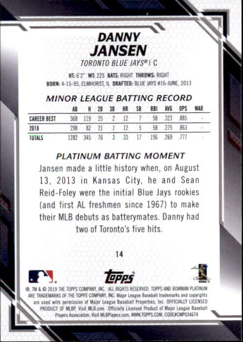 Danny Jansen 2019 Bowman Platinum Ice Parallel Rookie Card #14 | eBay