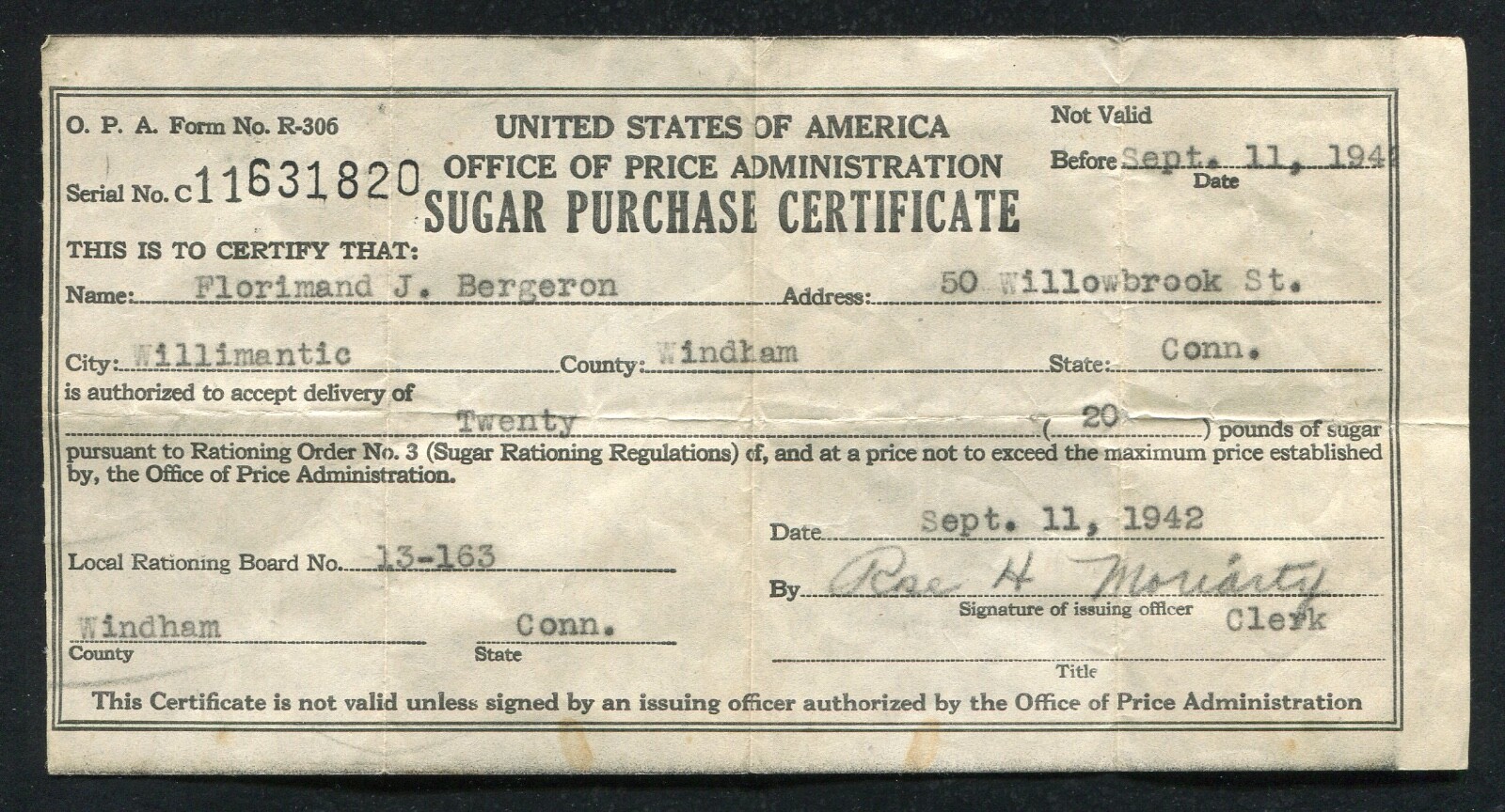 1942 20LBS SUGAR OFFICE OF PRICE ADMINISTRATION SUGAR PURCHASE ...