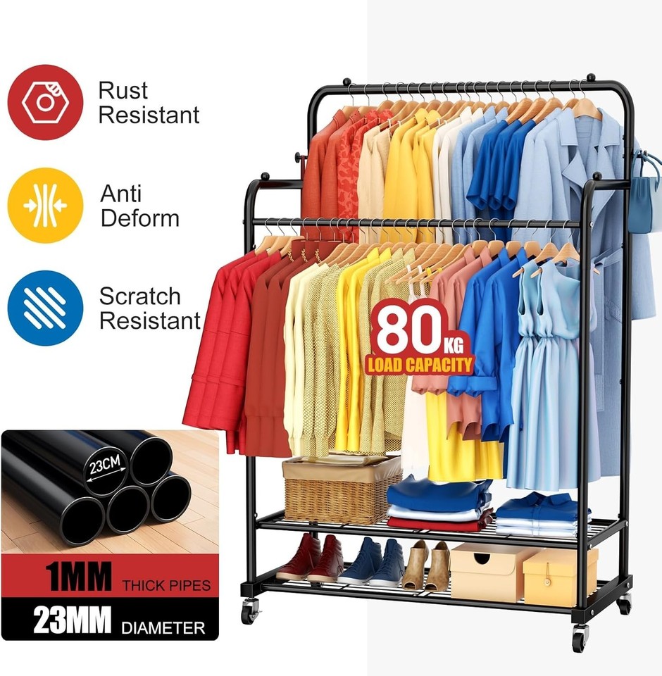 Heavy Duty Double Rod Clothes Rail with Wheels – Black 155cm | eBay UK