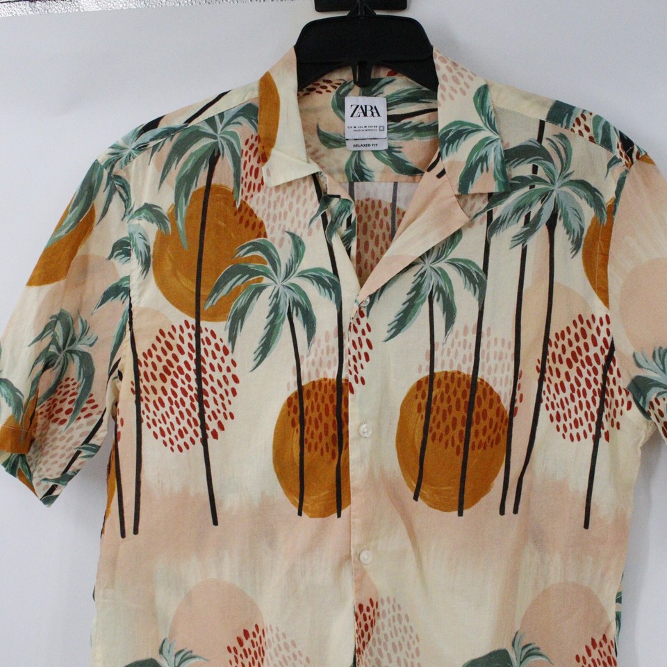 Zara Shirt Mens Medium Relaxed Fit Button Up Tropical Palm Tree Beach ...
