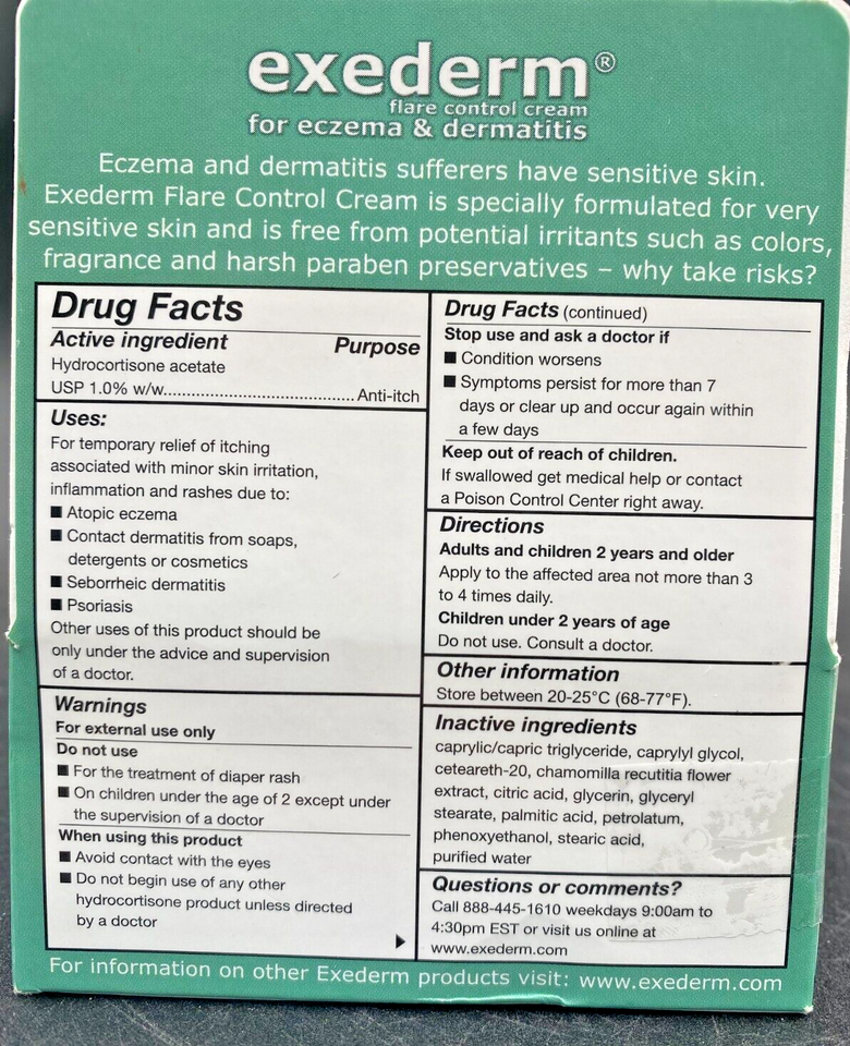 Exederm Flare Control Cream Eczema & Dermatitis-1% Hydrocortisone -1 Oz ...