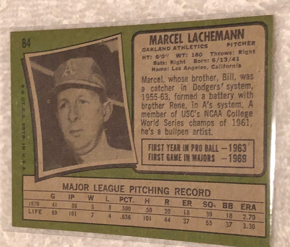 Marcel Lachemann 1971 Topps Rookie Oakland Athletics Pitcher #84 | eBay