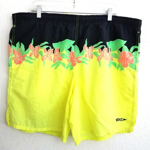 Speedo Neon Yellow Floral Nylon Swim Trunks Shorts Mens Large Swimwear ...