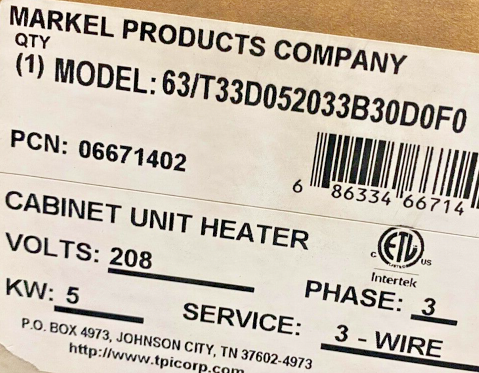 MARKEL 63/T33D052033B30D0F0 Electric Cabinet Unit Heater, 5 KW, 208V ...