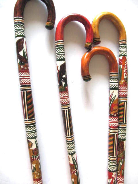 Hand Carved Wooden Cane Walking Stick Mexican Aztec Hand Painted Mexico ...