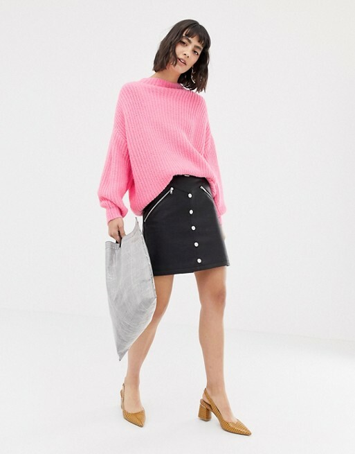 Mango Womens Oversize Long Sleeve High Neck Knitted Sweater Neon Pink ...