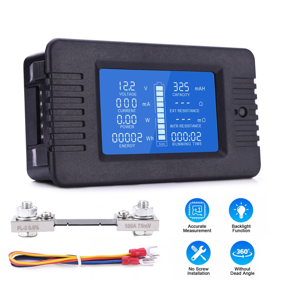 DC Battery Monitor Meter 100A Shunt 0-200V LCD Display Current for Car ...