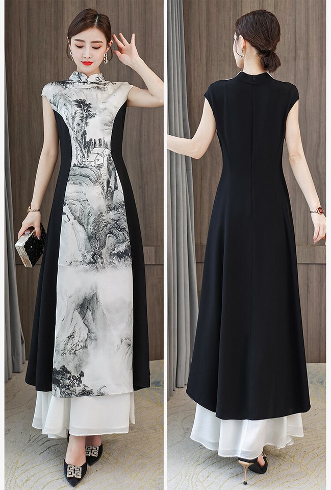 Lady Cheongsam Long Dress Vintage Short Sleeve Mandarin Collar Qipao ...