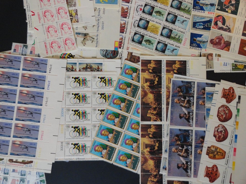 USA USPS MINT NH 1970's-1980's LARGE FORMAT PLATE BLOCKS LOT FACE VALUE ...